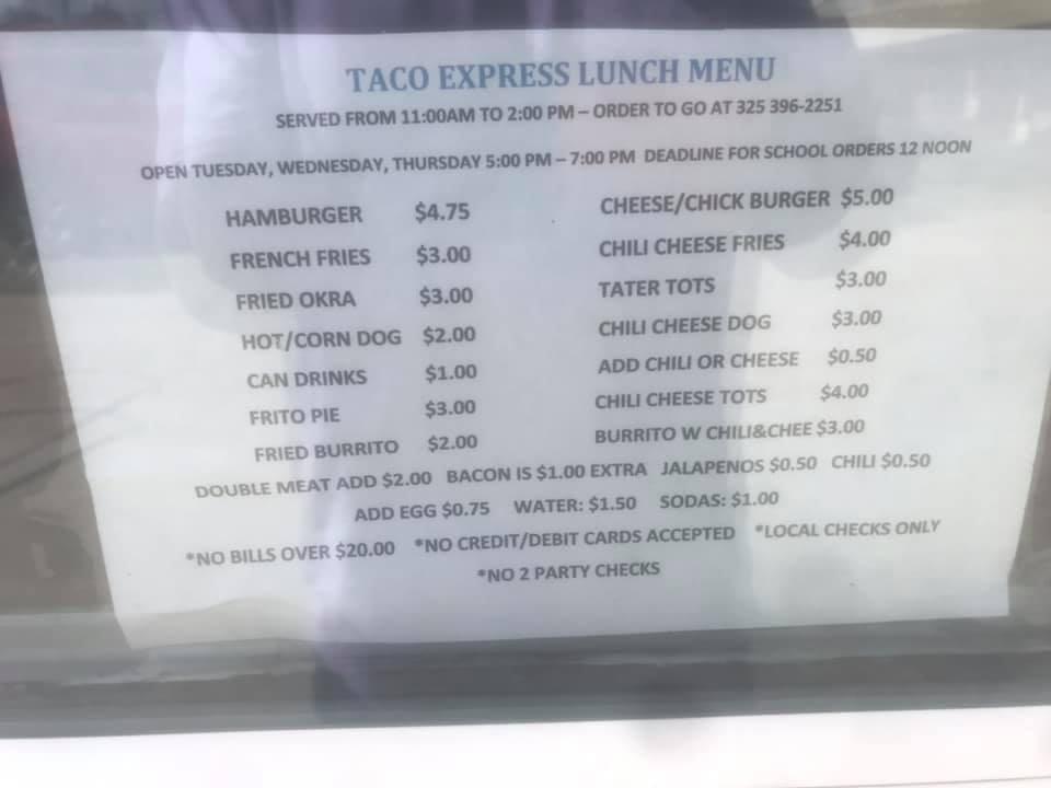 Menu at Taco Express restaurant, Menard, 708 Frisco Ave