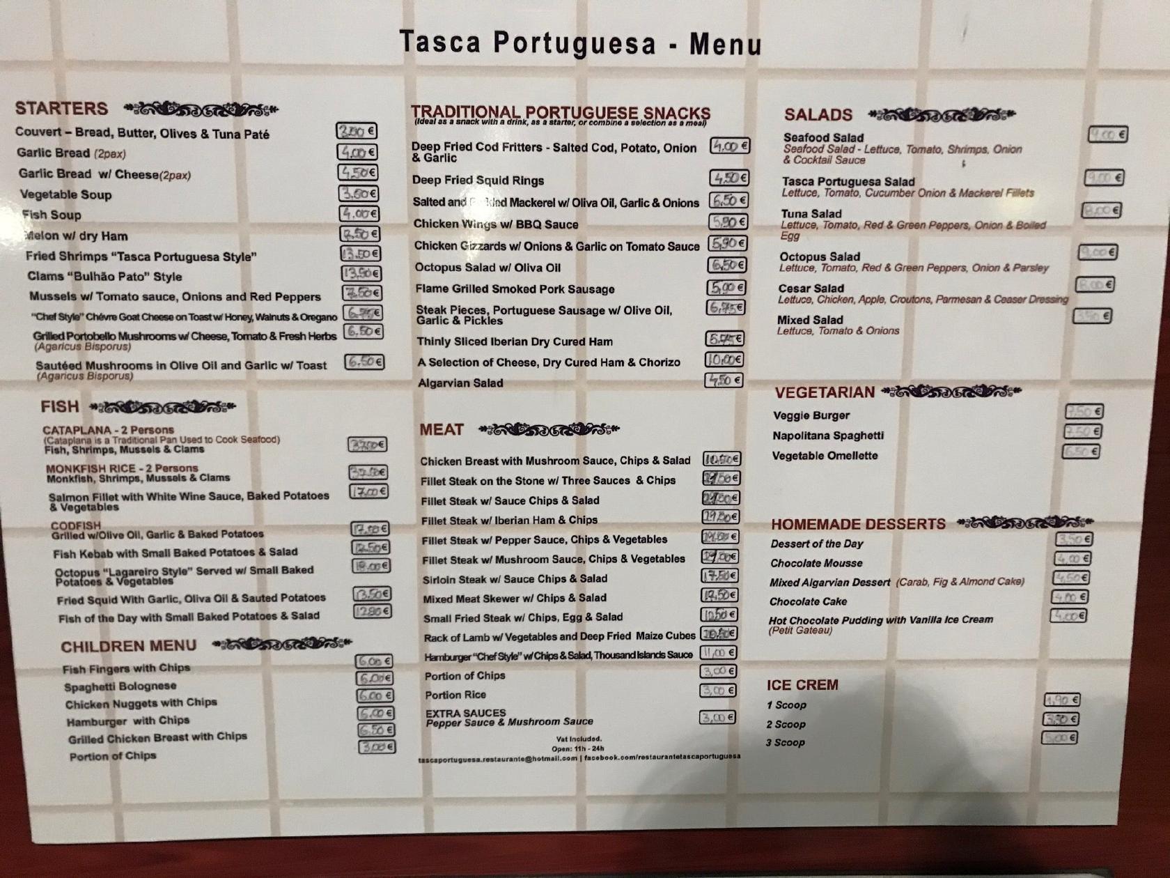 Menu em Tasca Portuguesa restaurante, Albufeira