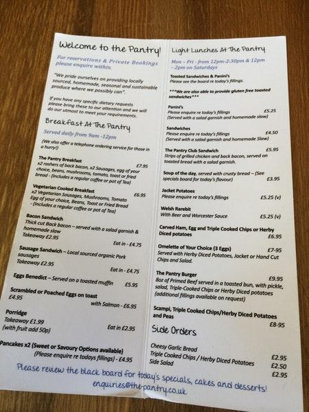 Menu at The Pantry cafe, Winscombe