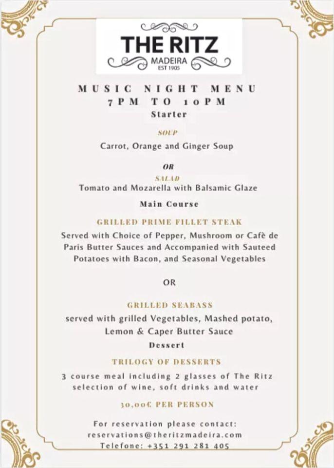 Menu at The Ritz Madeira cafe, Funchal