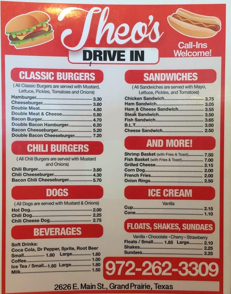 Menu at Theo's Drive-In fast food, Grand Prairie