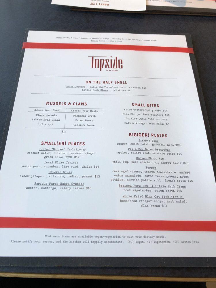 Menu at Topside restaurant, Baltimore, 101 W Monument St