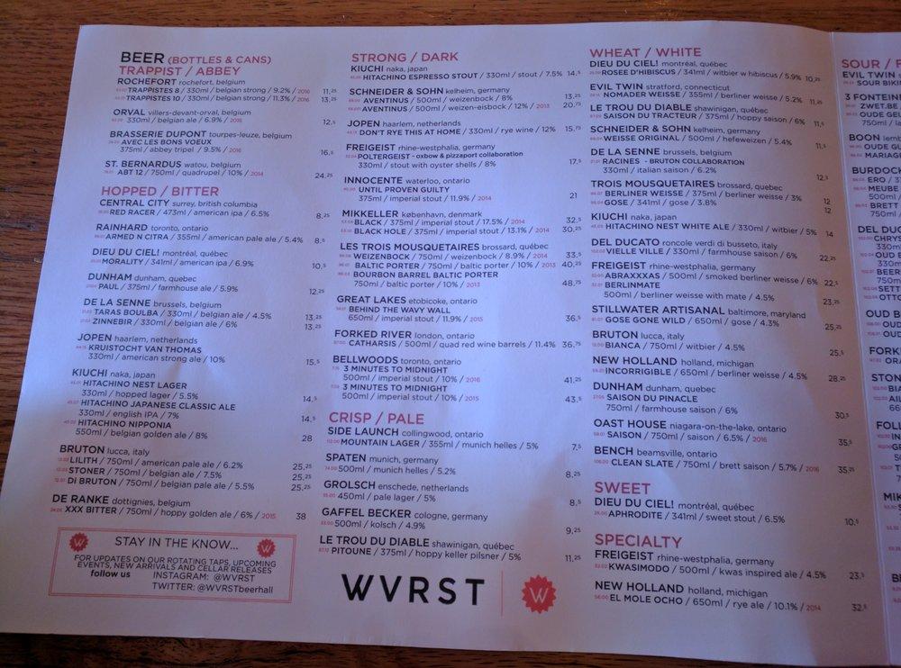 Menu at WVRST pub & bar, Toronto, 609 King St W