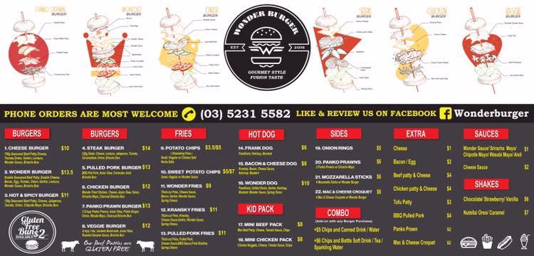 Carta del restaurante Wonder Burger, Colac