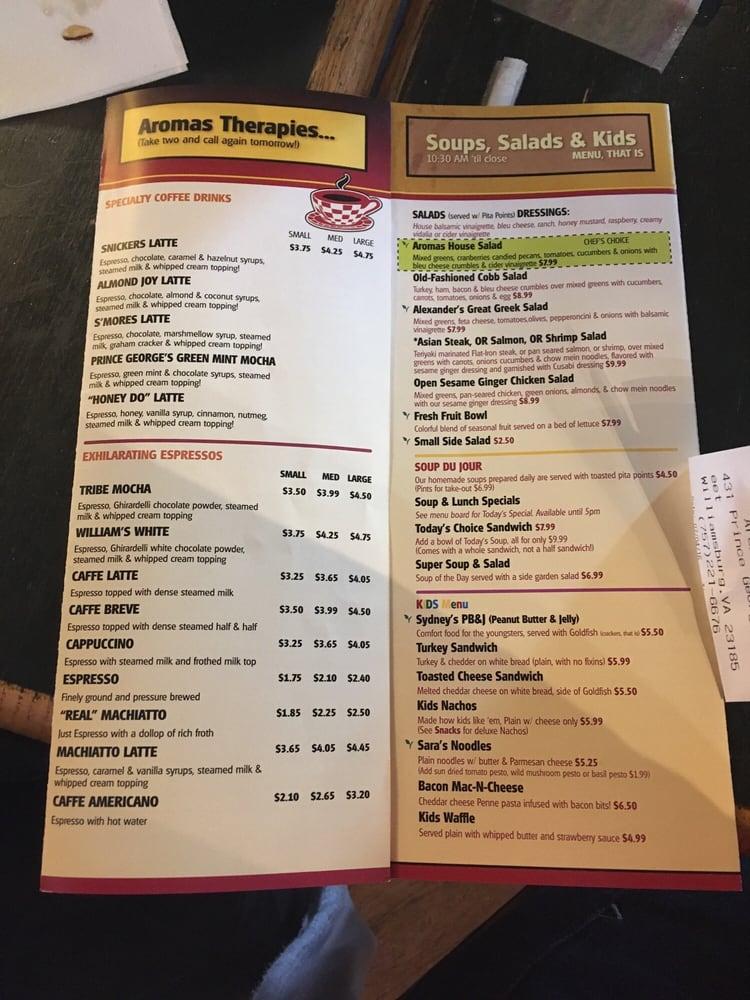 Menu at Aromas Coffeehouse Bakery & Cafe, Williamsburg