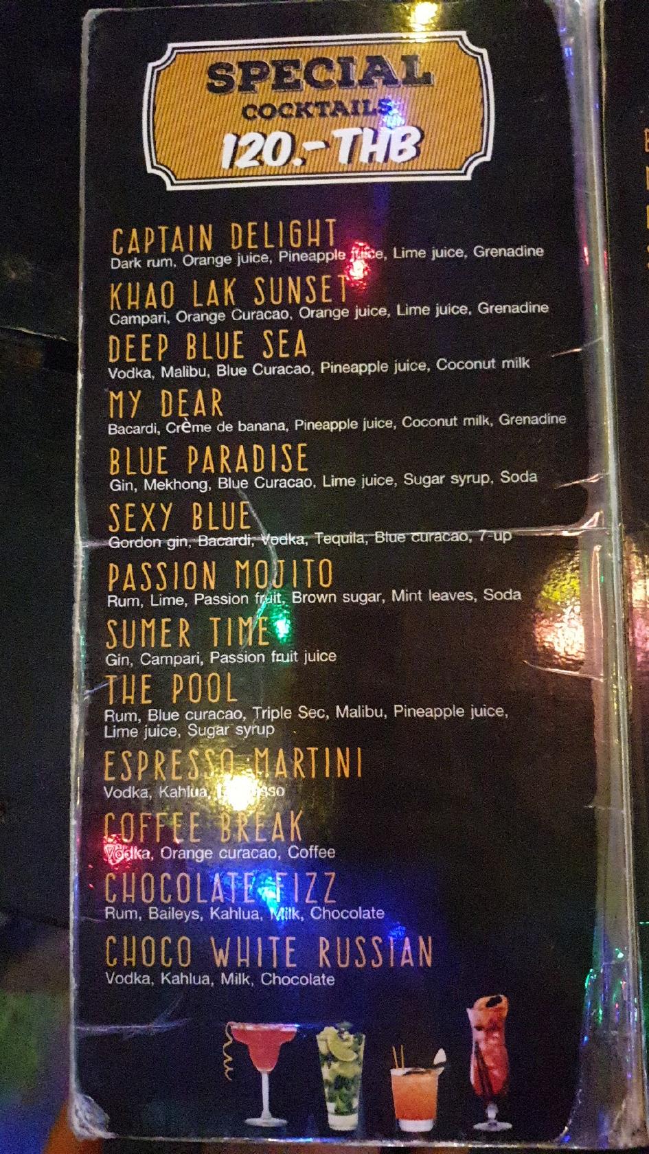 Menu at Captain Bar, Khuekkhak