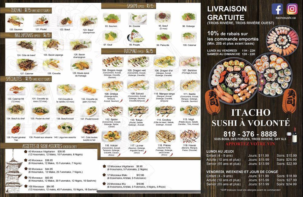 Menu au ITACHO SUSHI À VOLONTÉ restaurant, Trois-Rivières