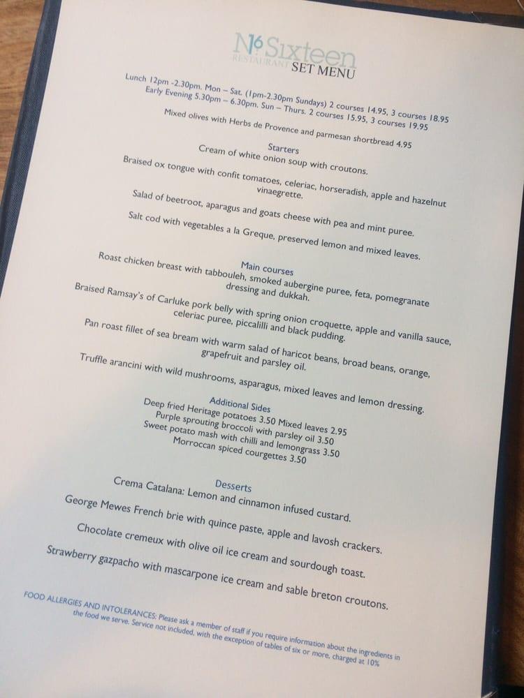 Menu at Number 16 Restaurant, Glasgow