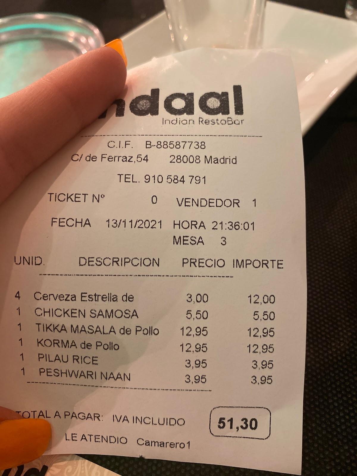 Menu at Palki Indian Restaurant, Madrid