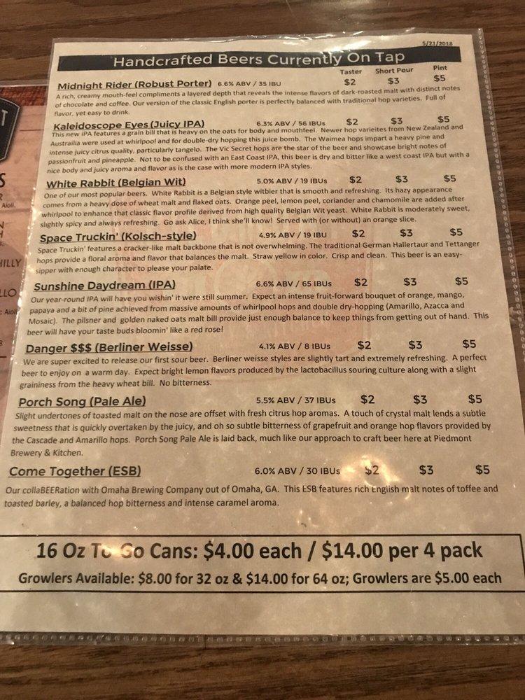 Menu at Piedmont Brewery & Kitchen pub & bar, Macon