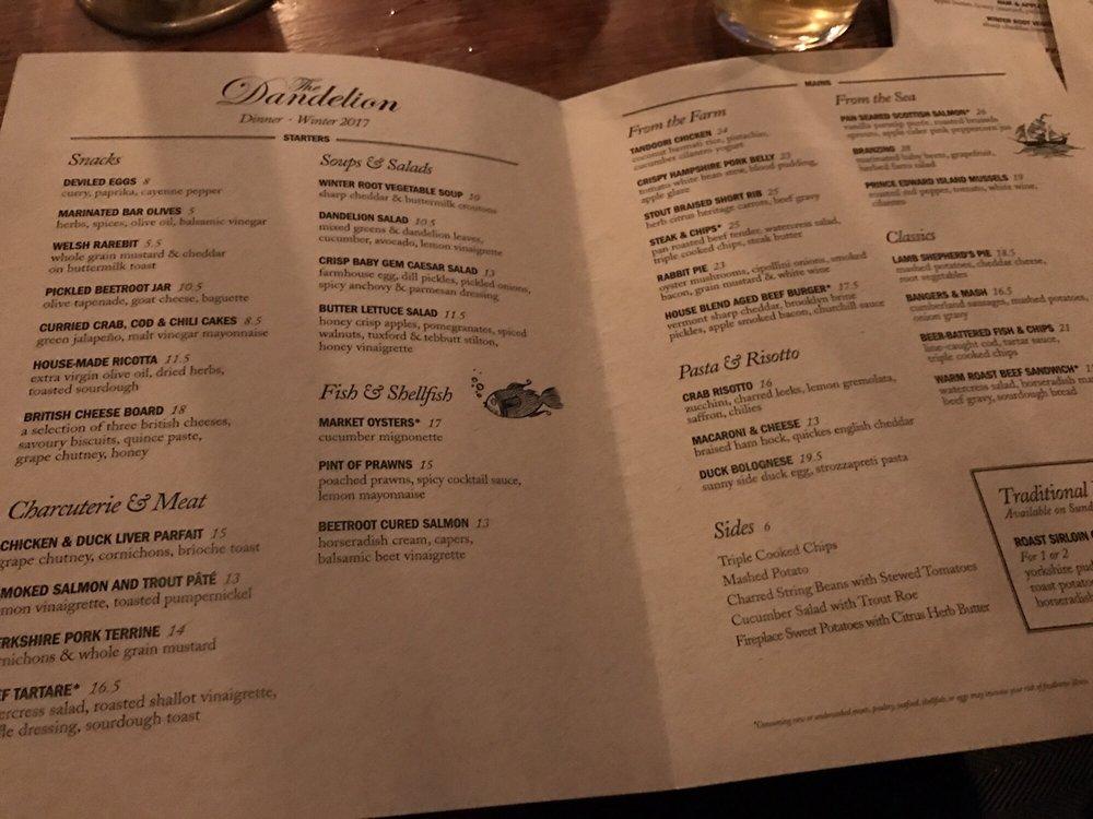 Menu at The Dandelion restaurant, Philadelphia