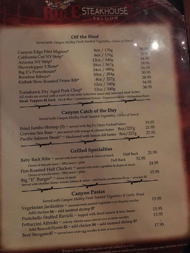 Menu at Big E Steakhouse & Saloon, Tusayan