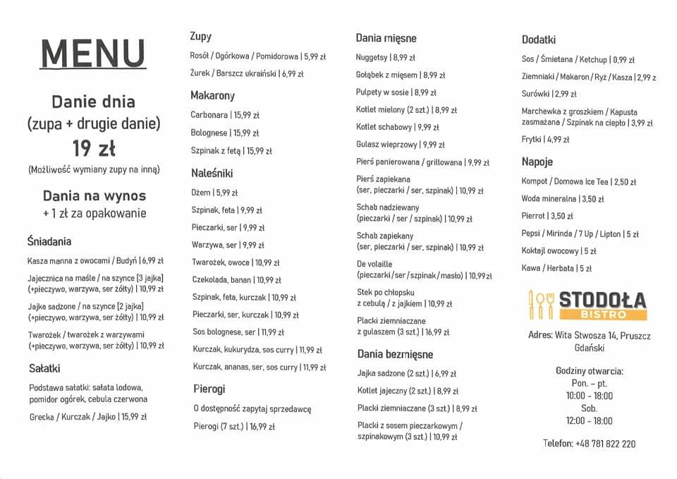 Menu at Bistro Stodoła restaurant, Pruszcz Gdański