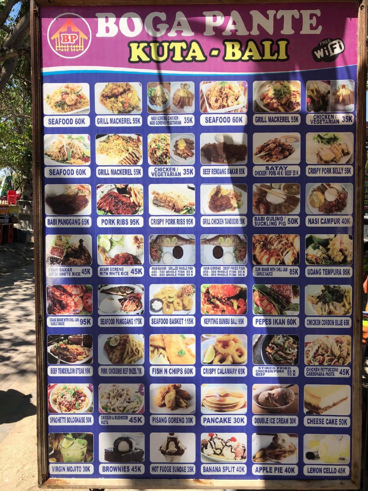 Carta del restaurante Boga Pante, Kuta