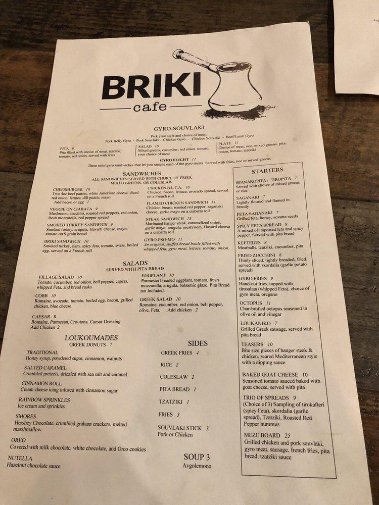 Menu at Briki Cafe, Addison