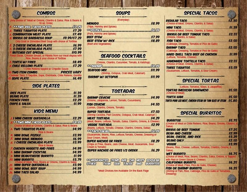Menu at El Torito Restaurant & Meat Market, Hesperia