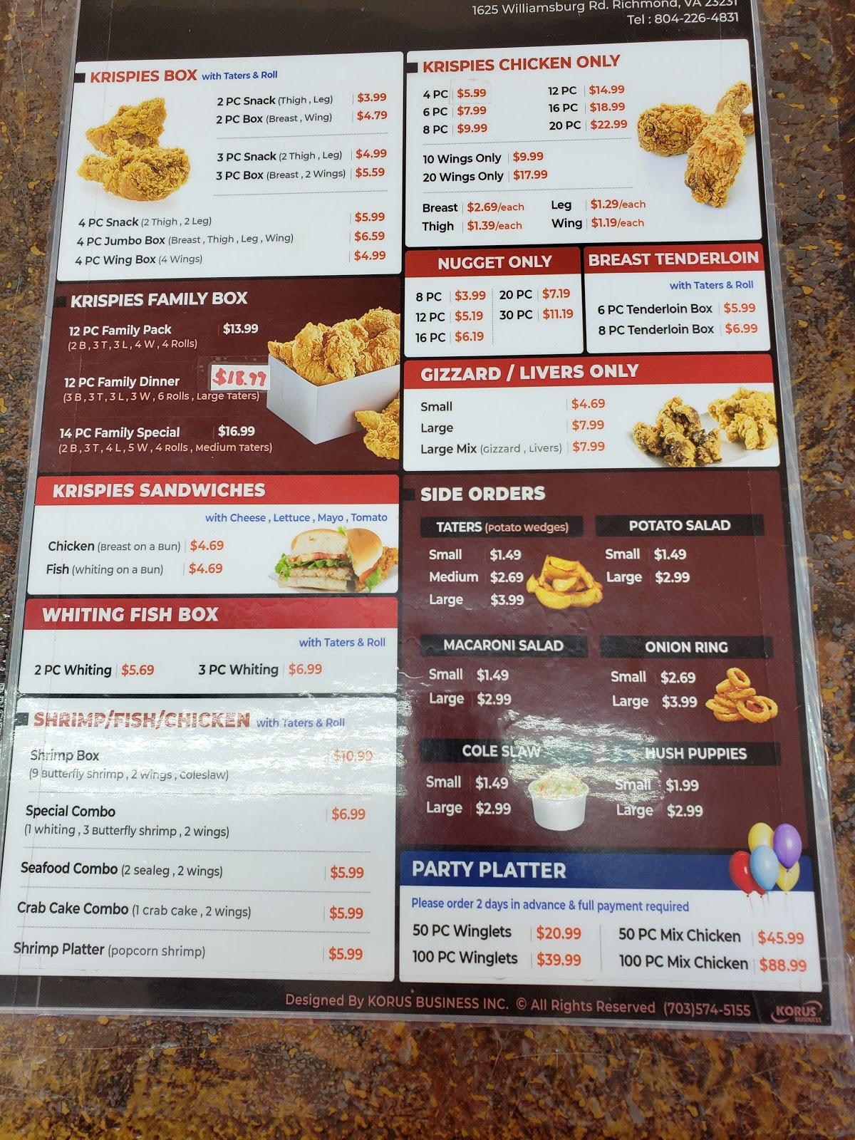 Menu at Krispies' Fried Chicken restaurant, Richmond