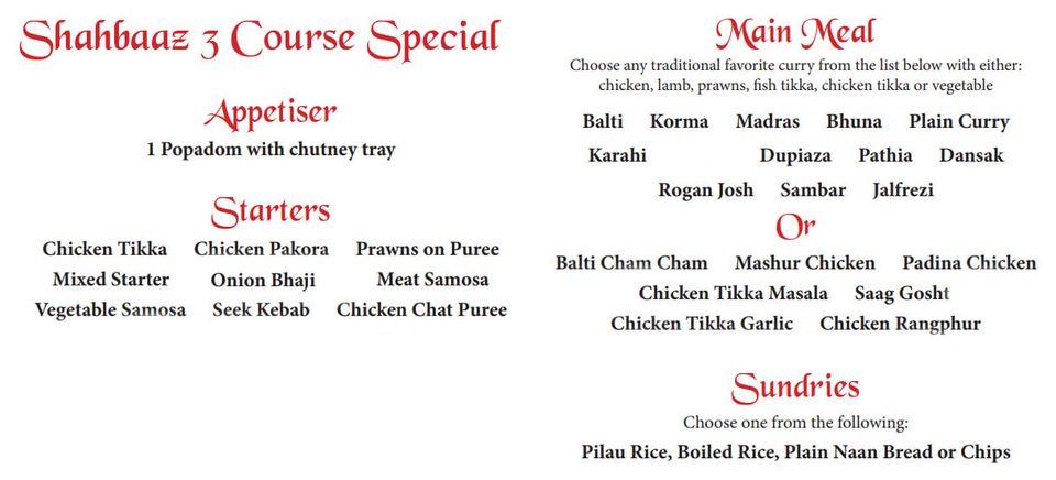 Menu at Shahbaaz Curry Cottage restaurant, Manchester