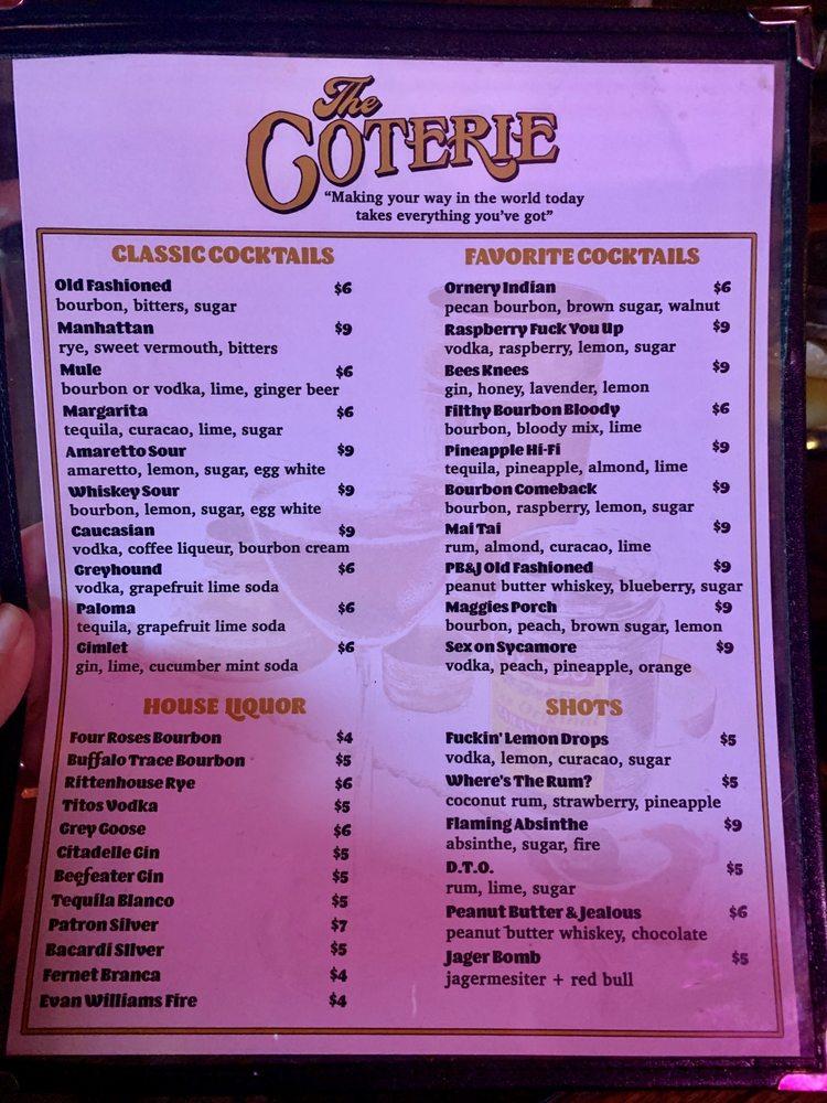 Menu at The Coterie pub & bar, Kokomo