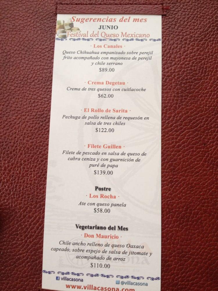 Menu at Villa Casona restaurant, Mexico City, C. 25 3