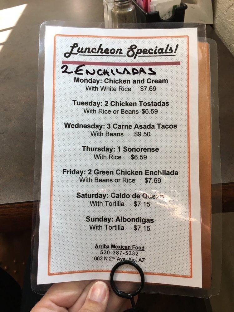 Menu at Arriba Mexican Restaurant, Ajo