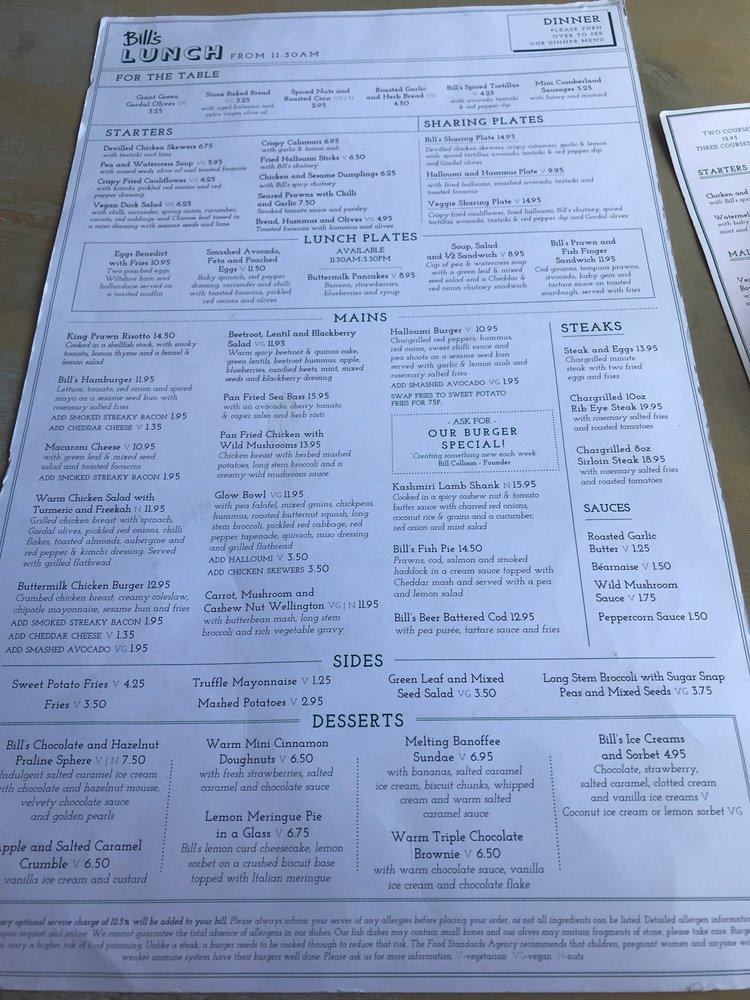 Menu at Bill's Westfield Restaurant, London, Westfield Shopping Centre