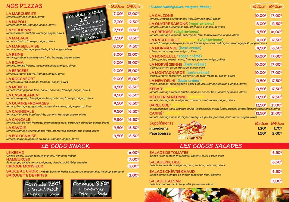Menu au COCO PIZZA pizzeria, Carros