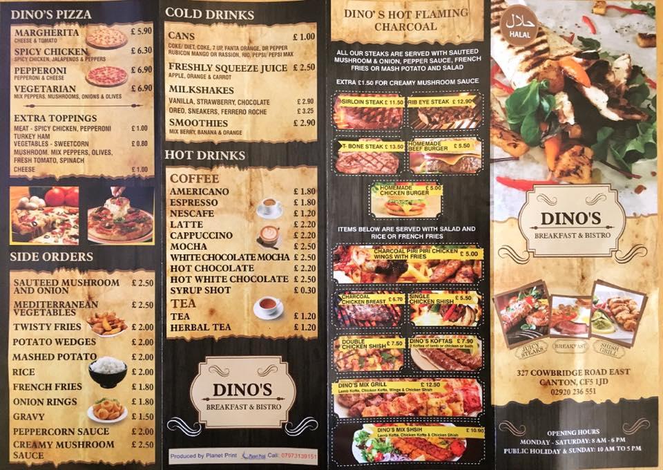 Menu at Dino's Cafe, Cardiff