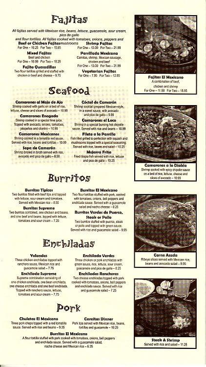 Menu at El Mexicano restaurant, Clover