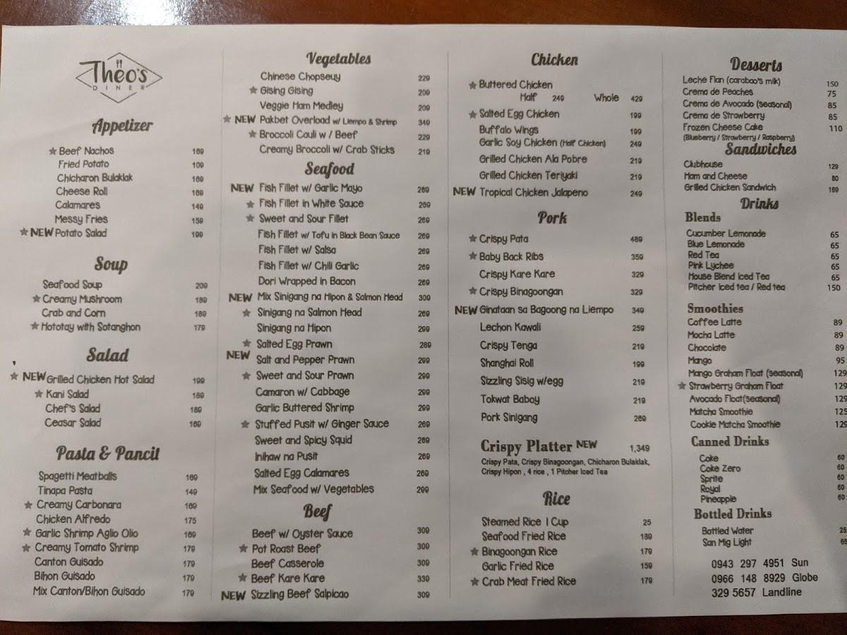Menu at Theo's Diner restaurant, Cabanatuan City