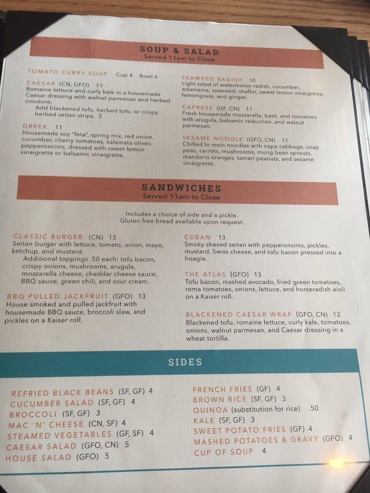 Menu at Watercourse Foods restaurant, Denver, 837 E 17th Ave