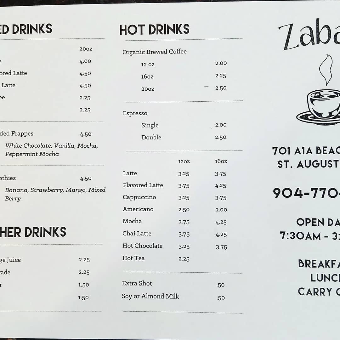 Menu at Zaba's restaurant, Saint Augustine Beach