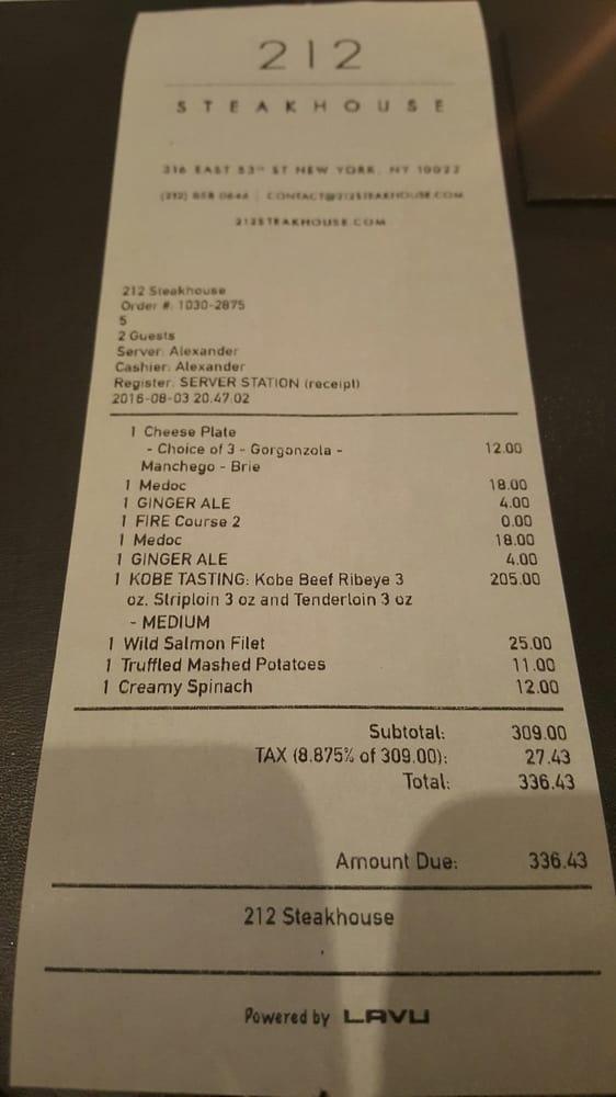 Menu at 212 Steakhouse, West New York