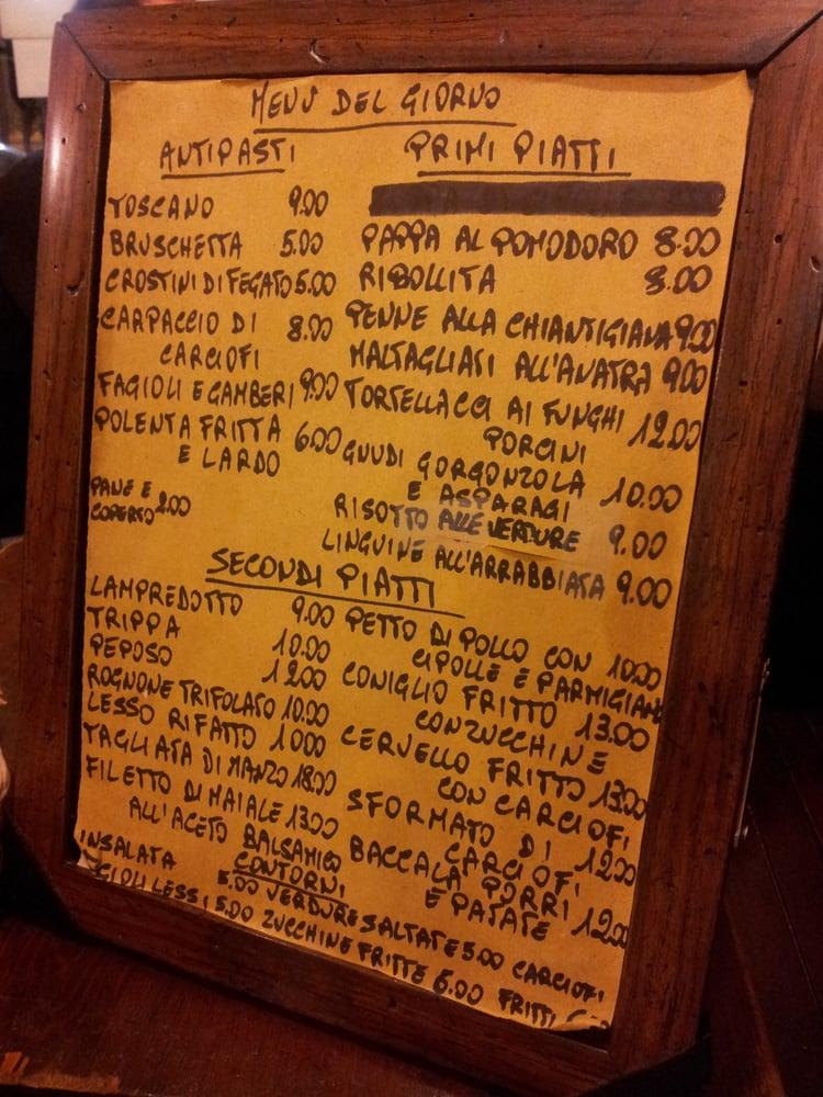 Menu at Al Tranvai restaurant, Florence