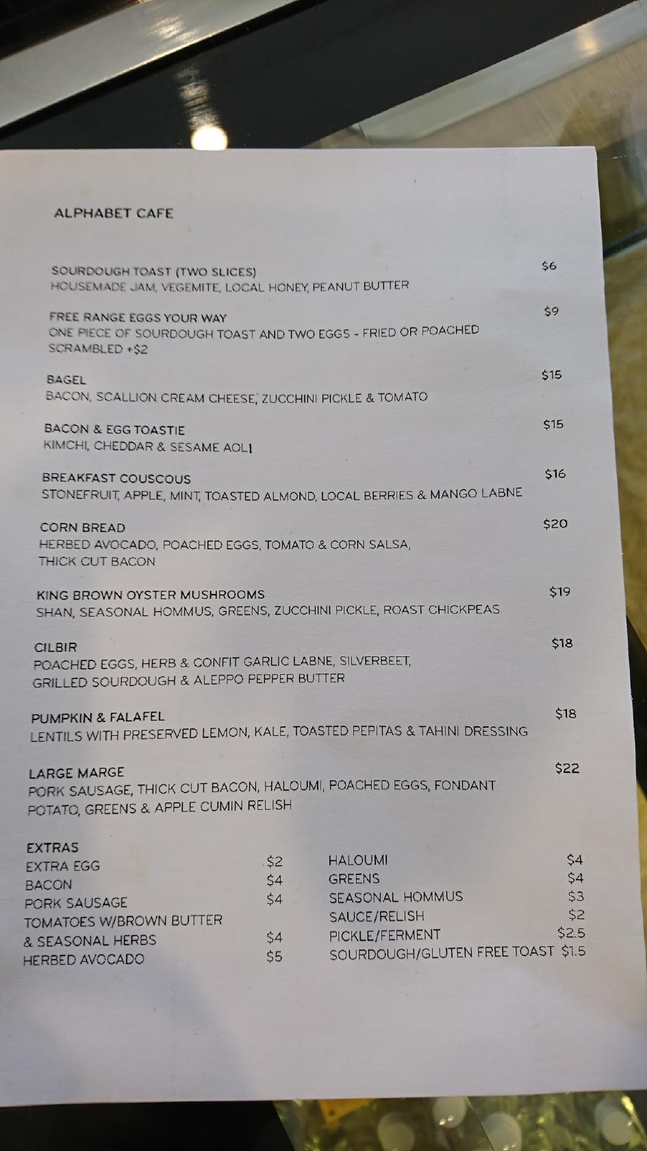 Menu at Alphabet Cafe, Brisbane City, 243 Boundary St
