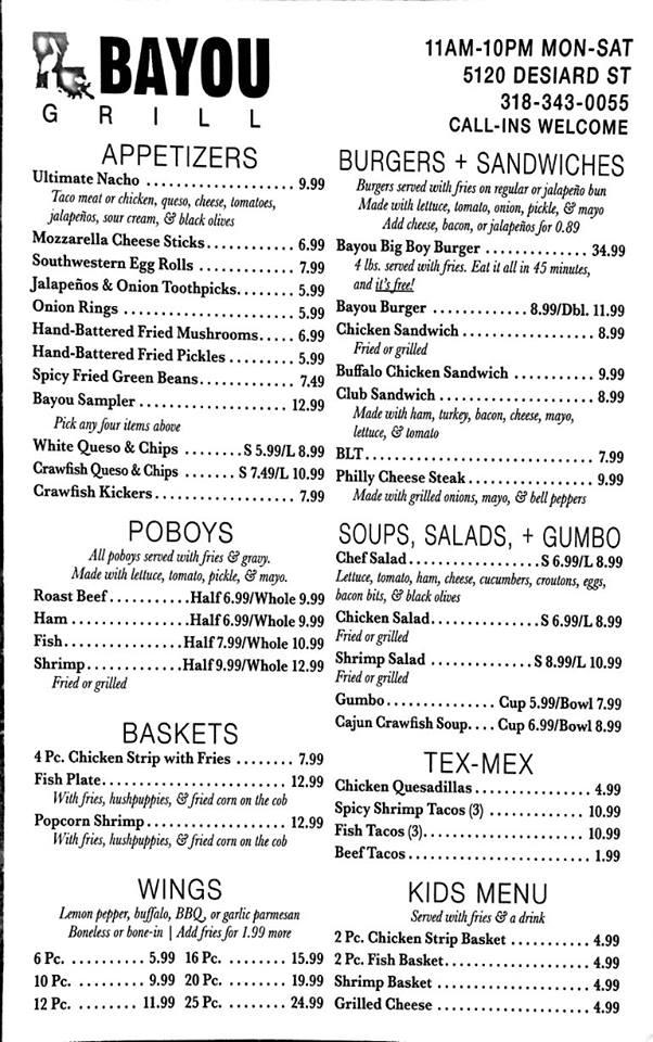 Menu at Bayou Grill fast food, Monroe