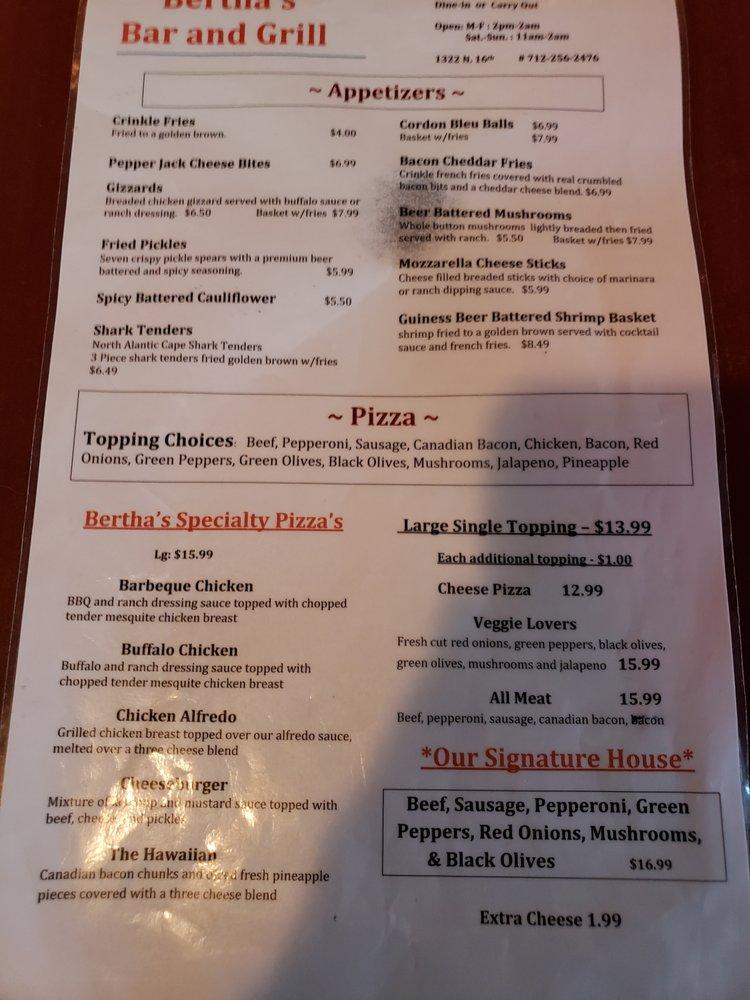 Menu at Bertha's Bar & Grill, Council Bluffs, N 16th St