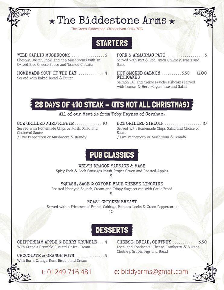 Menu at Biddestone Arms pub & bar, Colerne