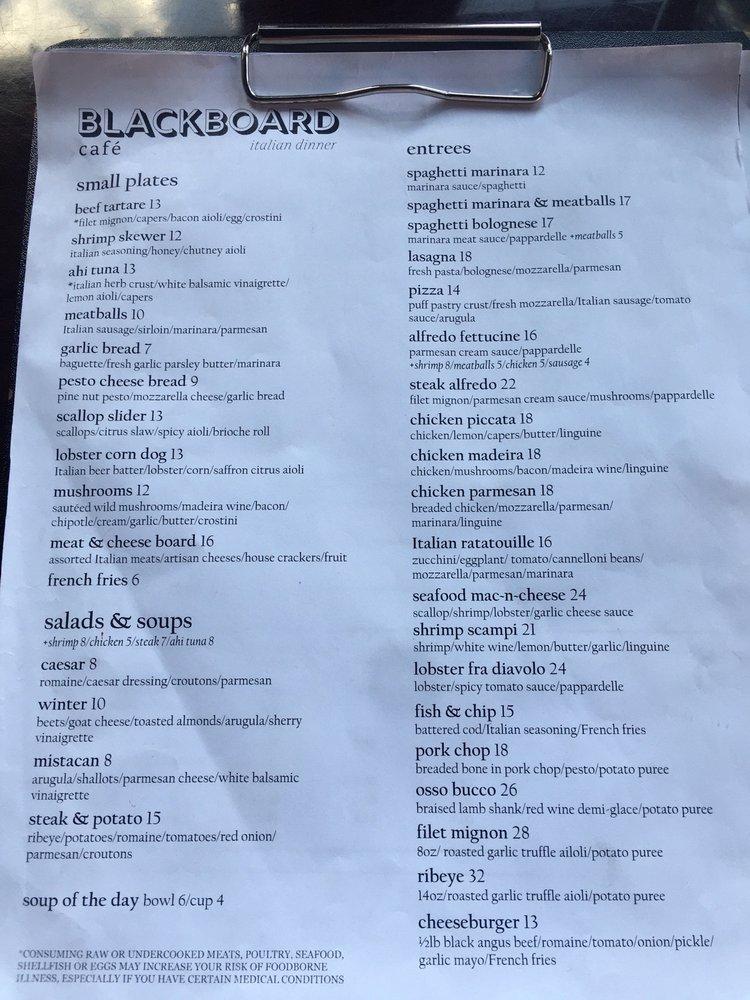 Menu at Blackboard Cafe, Wallace
