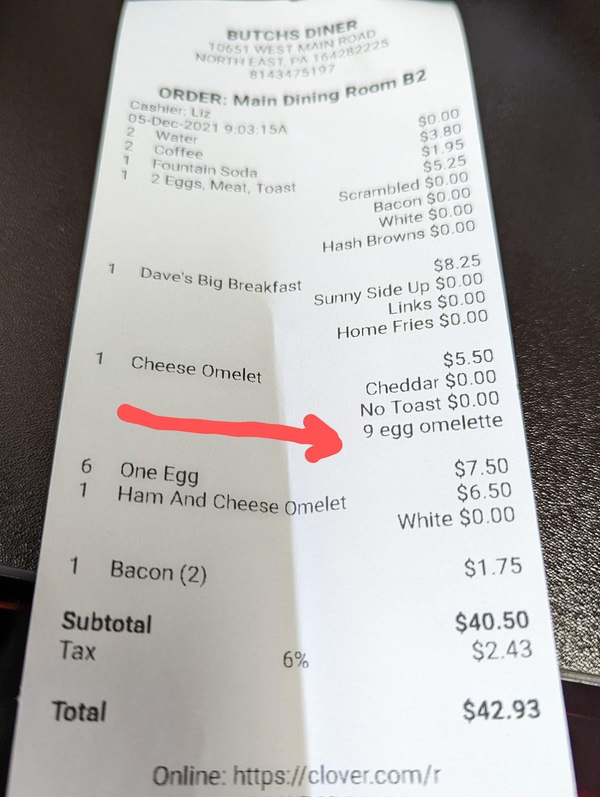 Menu at Butch's Diner restaurant, North East