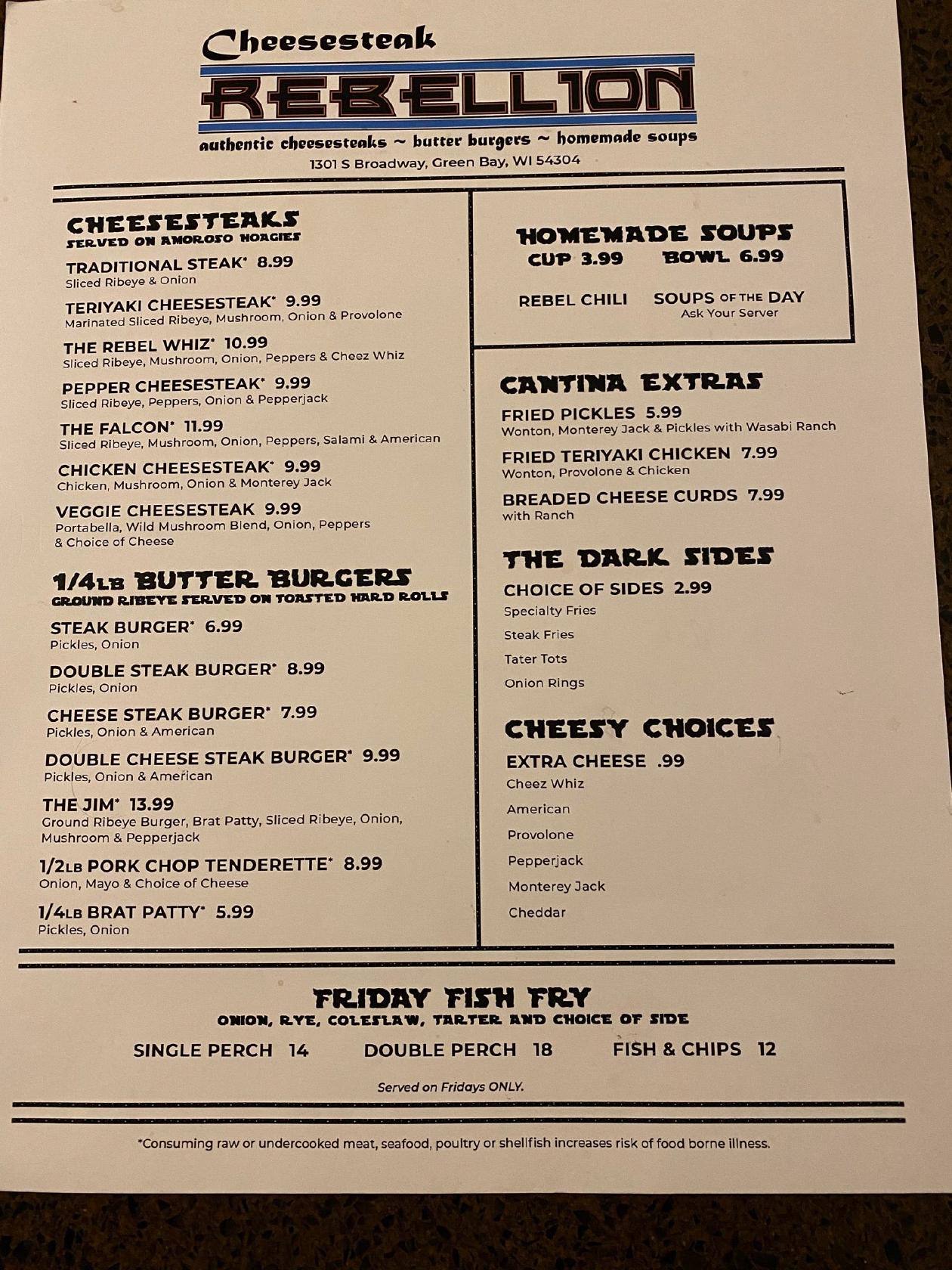 Menu at Cheesesteak Rebellion restaurant, Green Bay