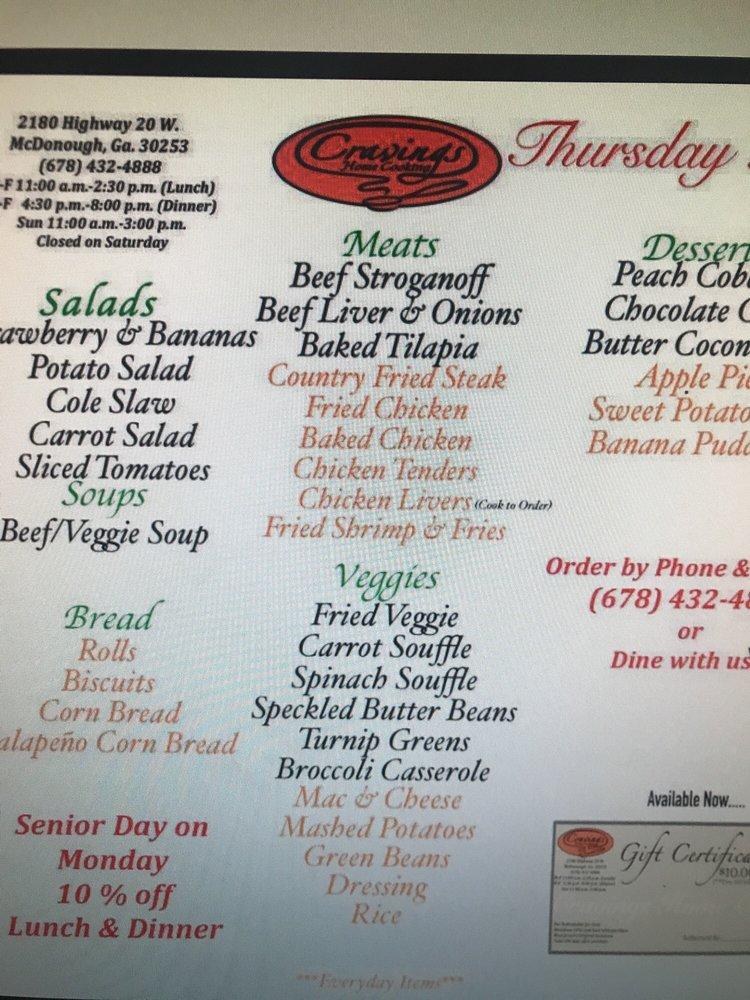 Menu at Cravings Home Cooking restaurant, McDonough