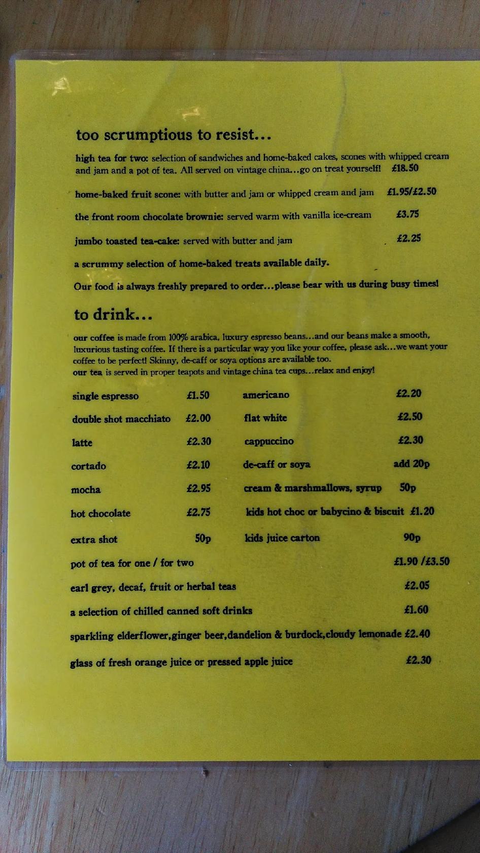 Menu at Front Room cafe, The Mumbles