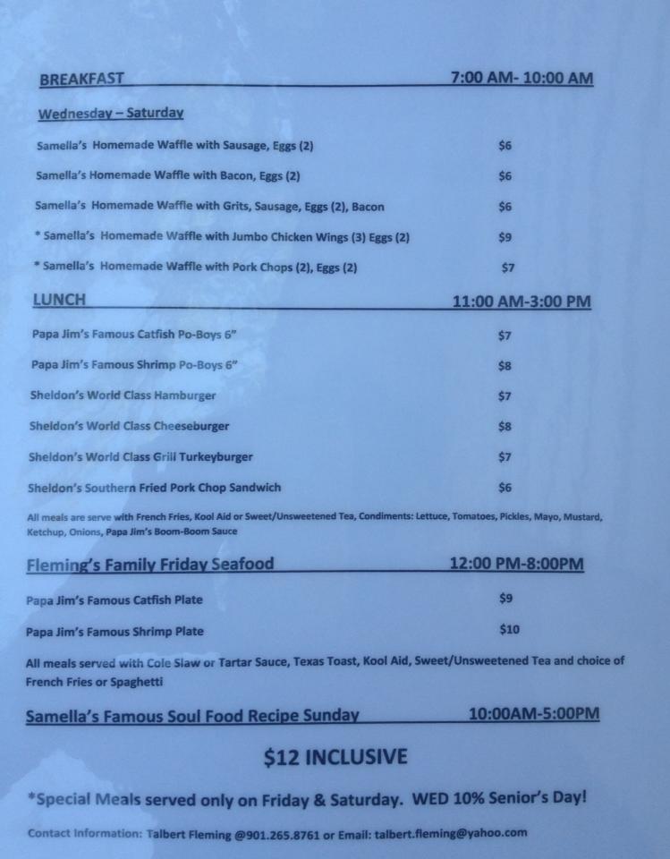 Menu at Jim & Samella's Restaurant, Memphis