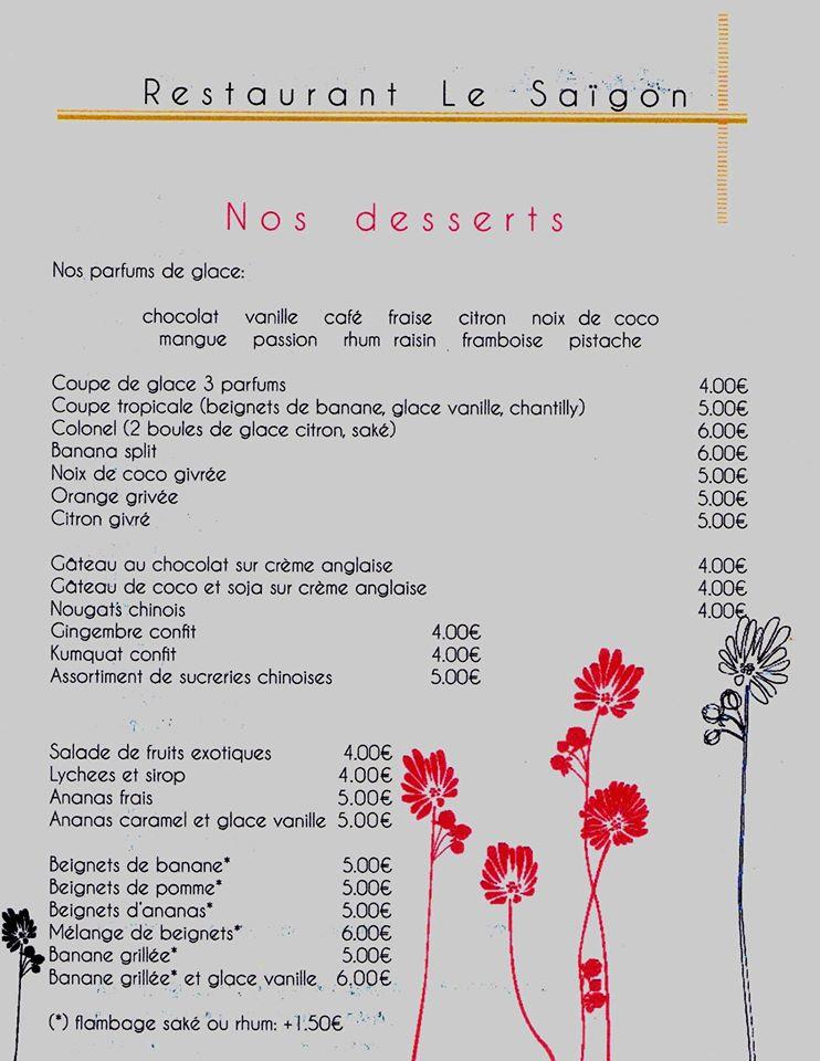 Menu at Le Saigon des lys restaurant, Léguevin
