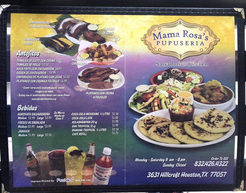 Menu at Mama Rosa's Pupuseria restaurant, Houston