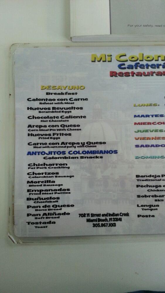 Menu at Mi Colombia cafeteria Miami Beach, Miami Beach