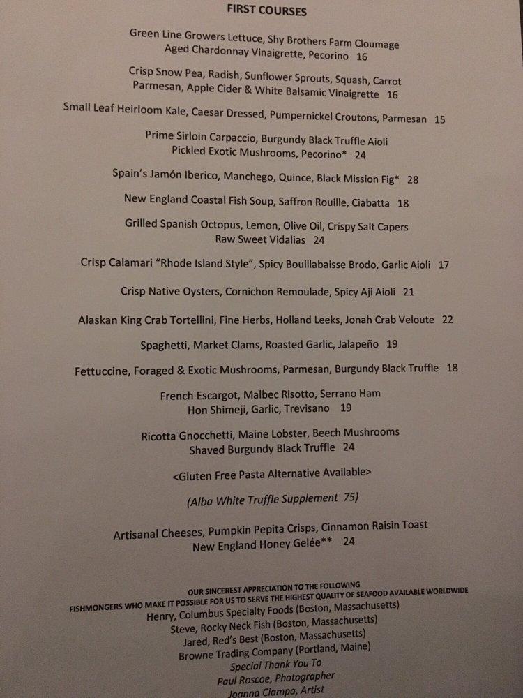 Menu at Ostra restaurant, Boston