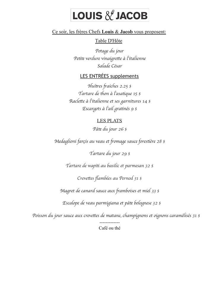 Menu at Restaurant Louis & Jacob, Laval