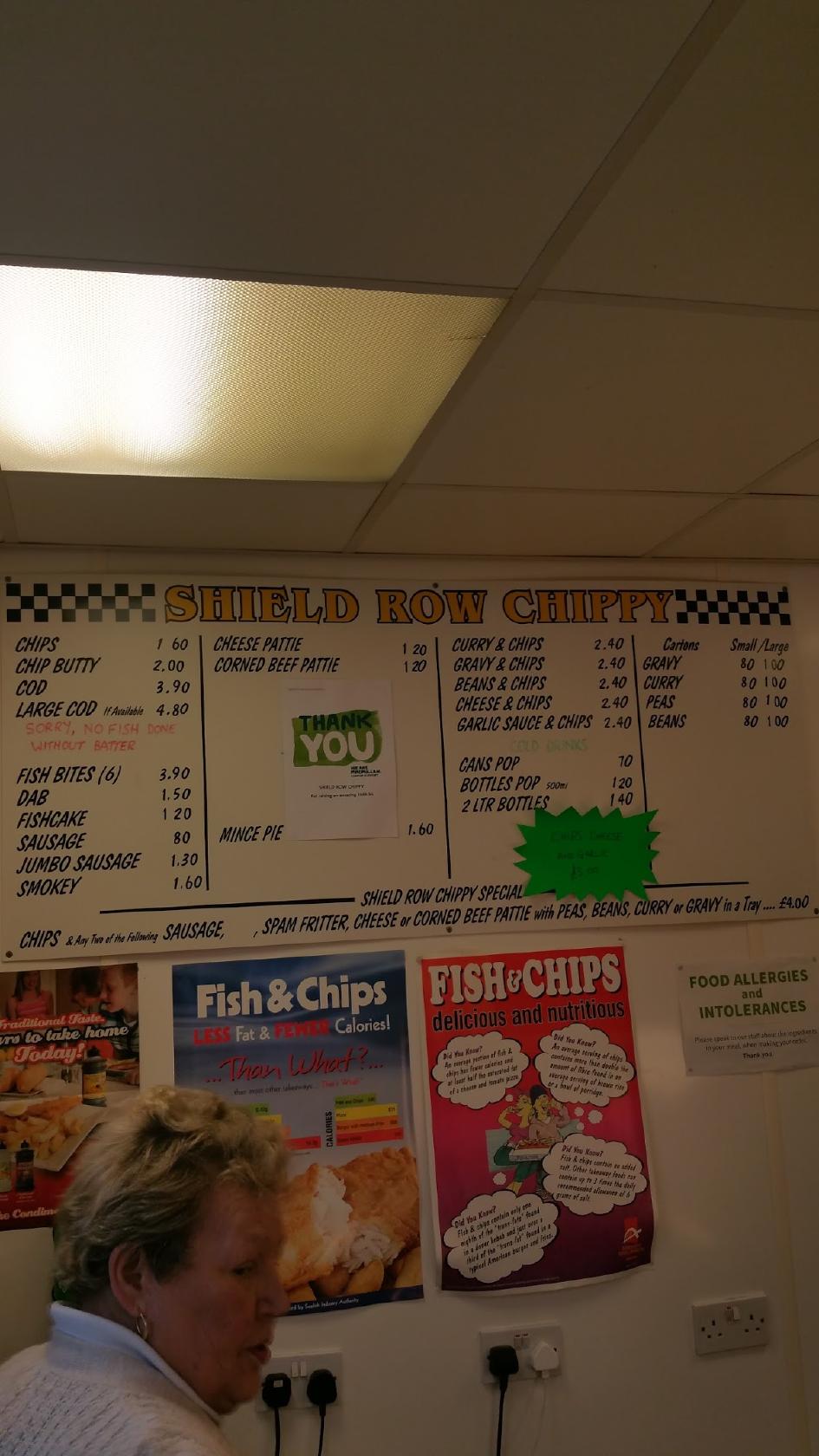 Menu at Shield Row Chippy restaurant, Stanley